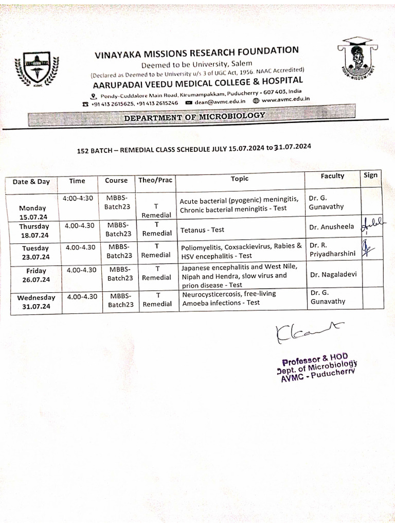 Remedial Class Schedule | PDF
