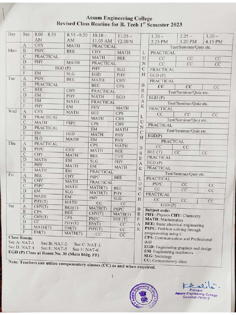B.Tech 1st Semester Class Routine | PDF