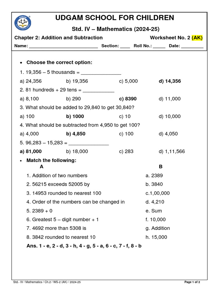 Std IV Math Addition & Subtraction Worksheet | PDF | Mathematics ...