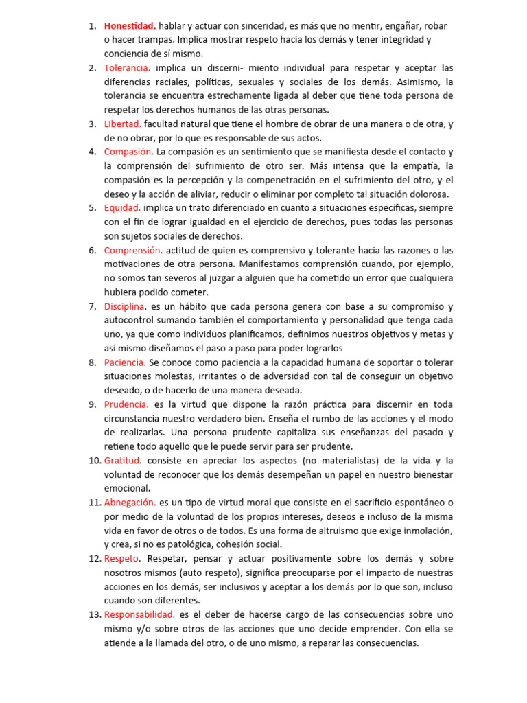 38 Valores Concepto | PDF | Valor | Compasión