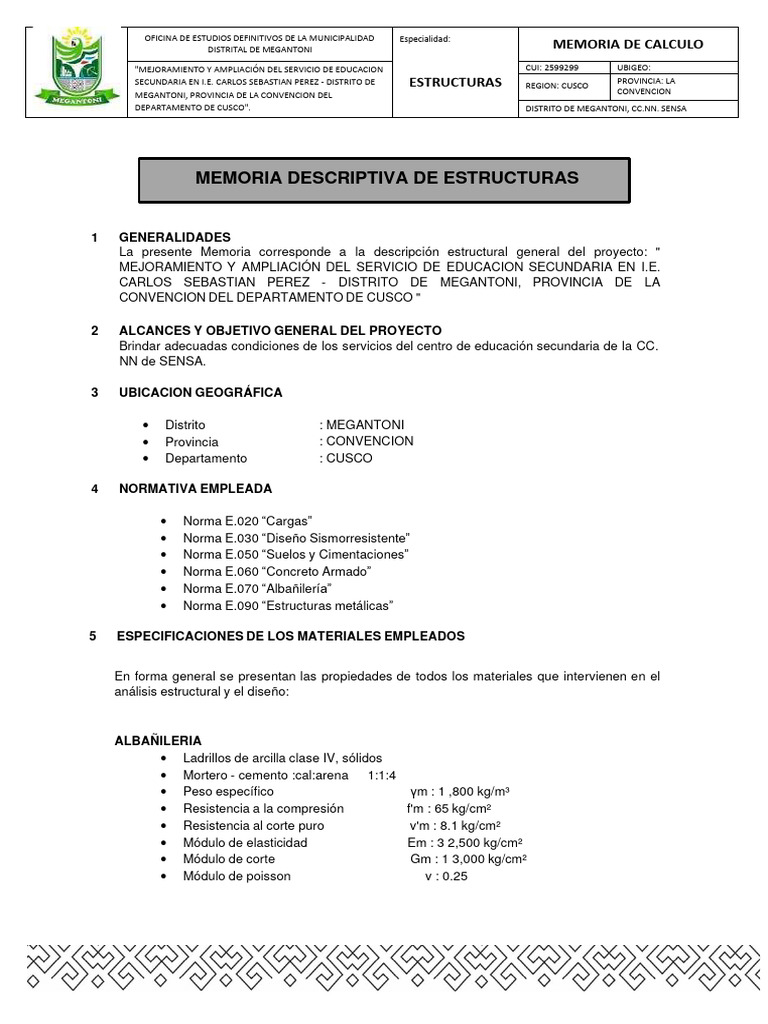 Memoria Descriptiva Estructuras | PDF | Resistencia de materiales | Fundación (Ingeniería)