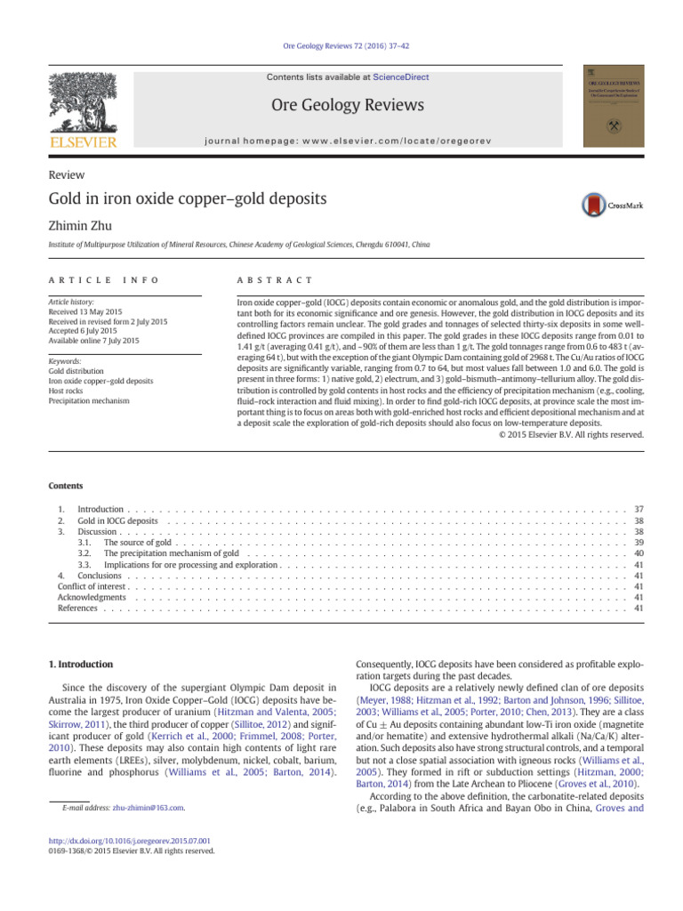 Zhu 2016 Gold in Iron Oxide Copper-Gold Deposits | PDF | Ore | Materials