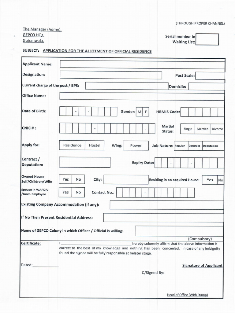 Application Form For Official Residence Allotment | PDF