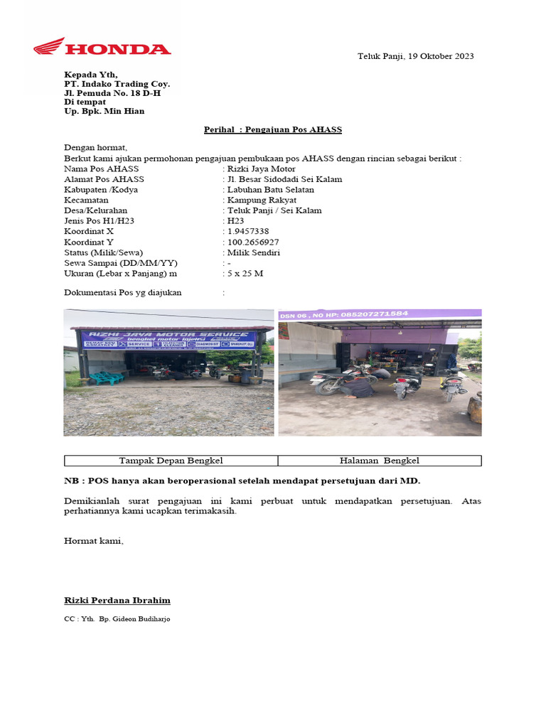 Surat Pengajuan POS Honda AHASS Rizki Jaya Motor | PDF
