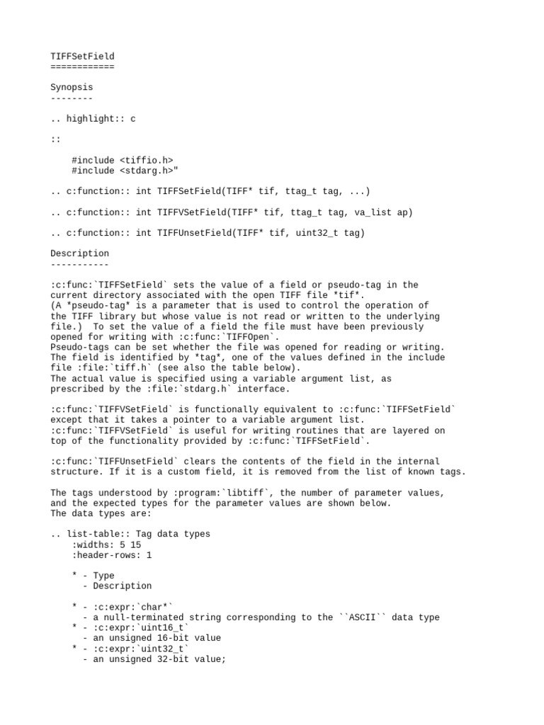 TIFFSetField RST | PDF | Parameter (Computer Programming) | Computer Science