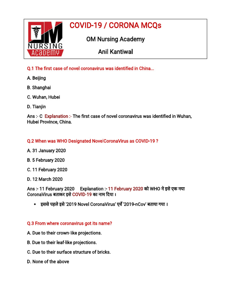 CORONA (COVID-19) MCQs | PDF | Reverse Transcription Polymerase Chain Reaction | Diseases And ...