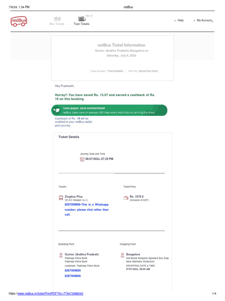 GNT To BLR Ticket | PDF | Bus