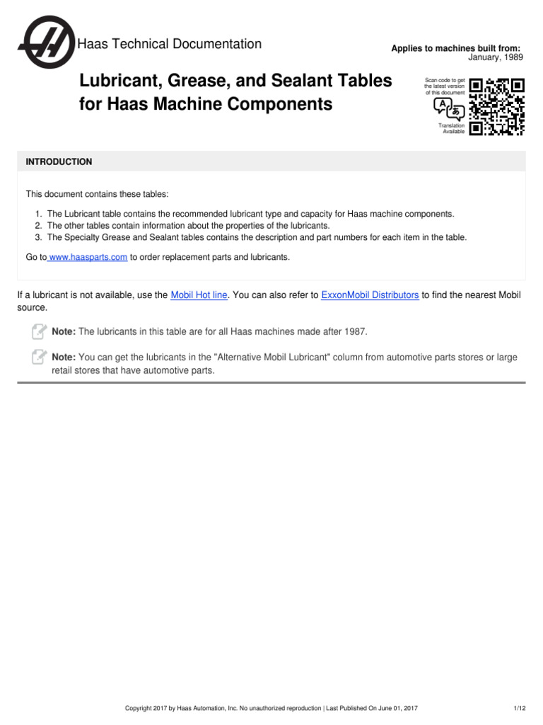 Lubricant Grease and Sealant Tables Haas Machine Components | PDF ...