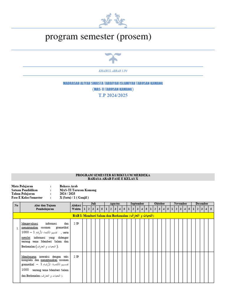 Prosem Fase e (Kelas X Ma) | PDF