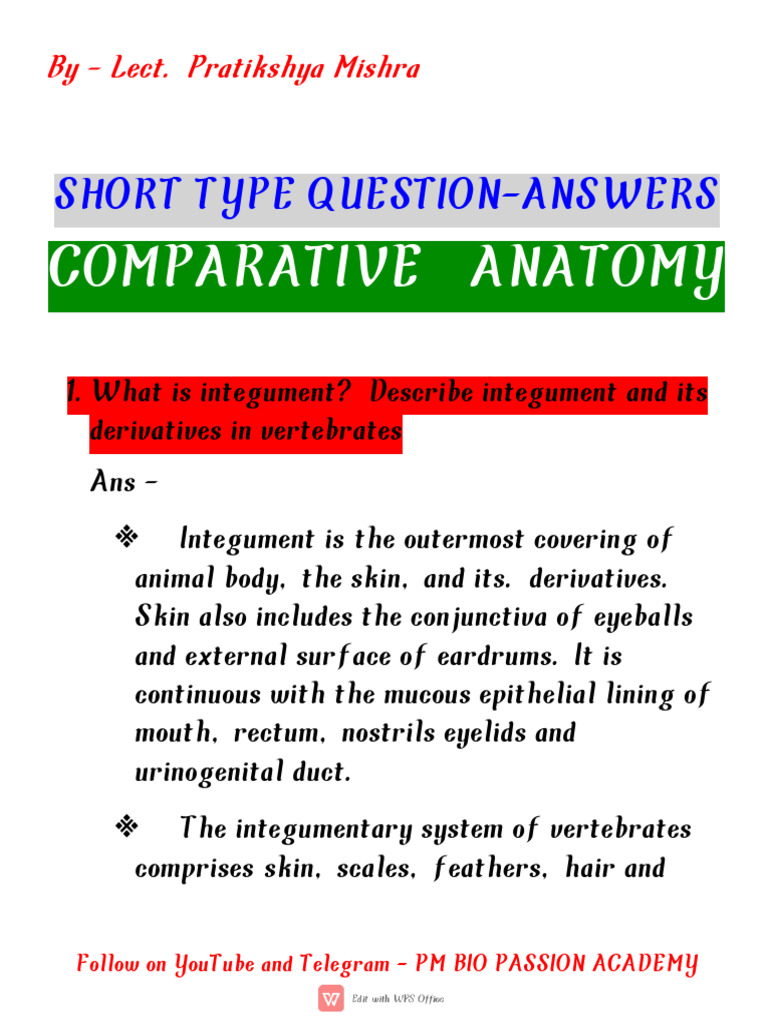Short Type Question Answers On Comparative Anatomy | PDF