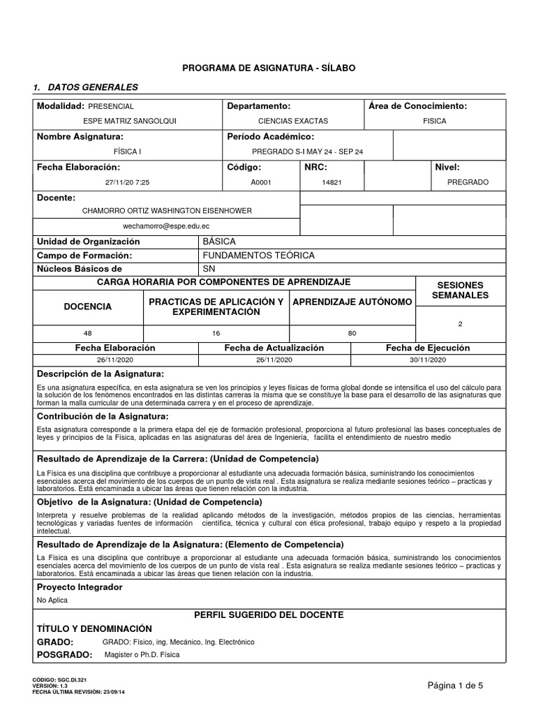 Sílabo de Física I - ESPE 2024 | PDF | Aceleración | Impulso