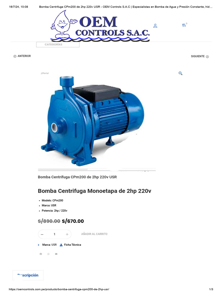 Bomba Centrifuga CPm200 de 2hp 220v USR - OEM Controls S.A.C - Especialistas en Bomba de Agua y ...