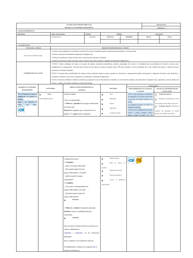 Pud 3ro Unidad6 Matematica | PDF | Multiplicación | Evaluación