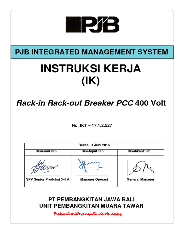 Instruksi Kerja GT Blok 3-4 Rack in Rack Out Breaker PCC 400 Volt | PDF