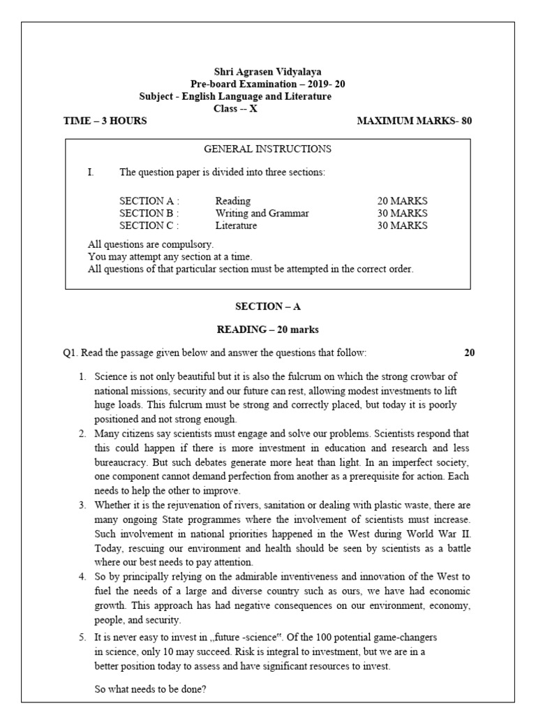 Shri Agrasen Vidyalaya Pre-Board Examination - 2019-20 Subject ...