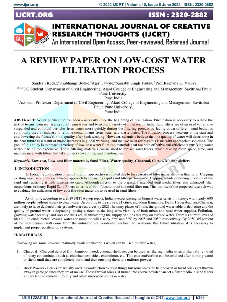 A Review Paper On Low-Cost Water Filtration Process | PDF | Water ...