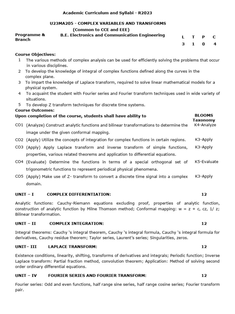 U23MA205-Complex Variables and Transforms-24.01.24 | PDF | Mathematical ...