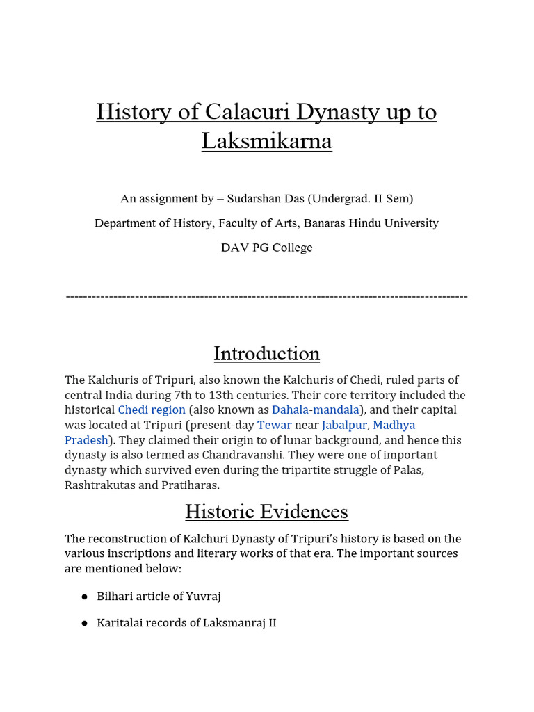History of Kalchuri Dynasty Up To Laksmi | PDF