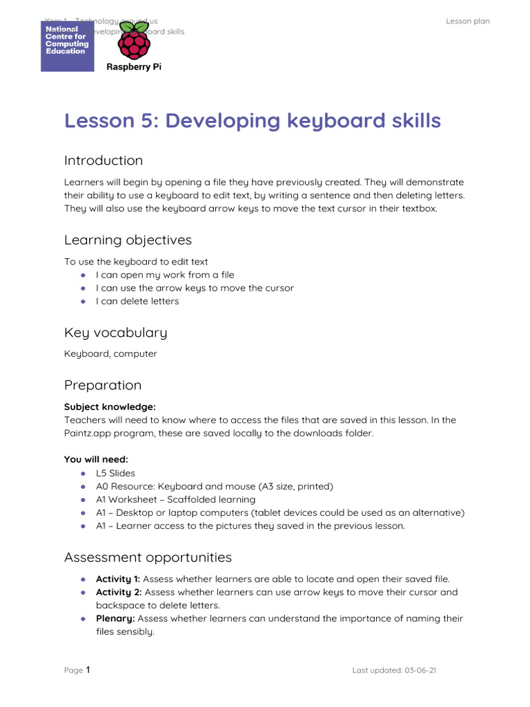 L5 Lesson Plan - Technology Around Us - Y1 | PDF | Computer Keyboard | Cursor (User Interface)