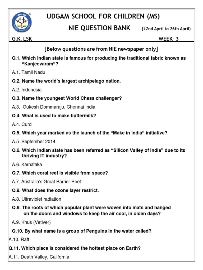 Udgam School For Children (MS) Nie Question Bank: G.K. LSK Week-3 ...