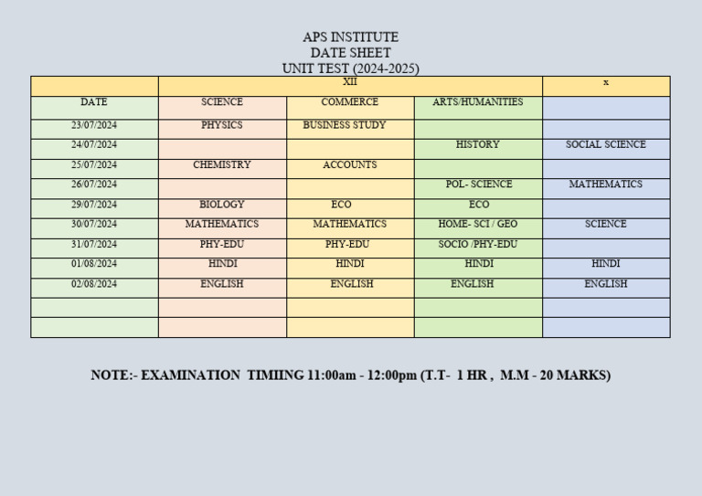 Date Sheet Ut 1 2025 | PDF