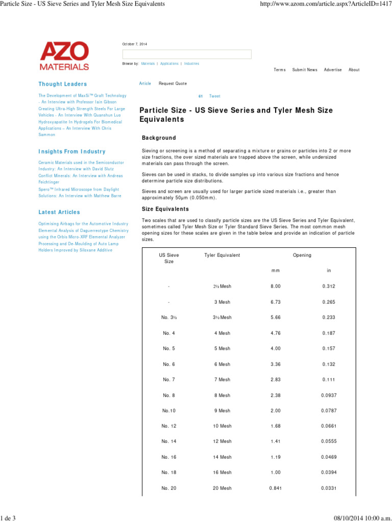 Particle Size - US Sieve Series and Tyler Mesh Size Equivalents | PDF ...