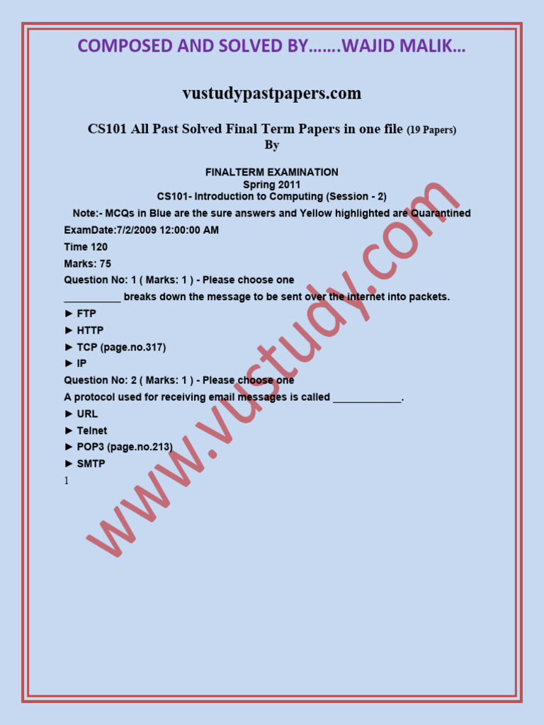 Composed and Solved by .Wajid Malik : CS101 All Past Solved Final Term Papers in One File | PDF ...
