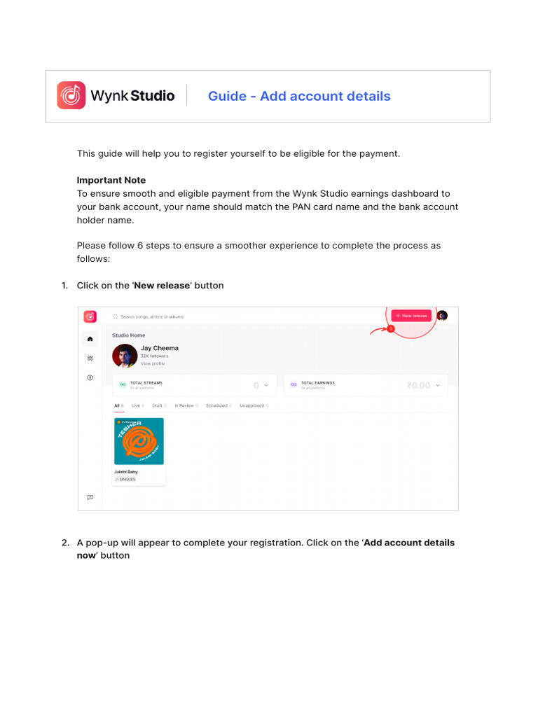 Wynk Studio Guide - Add Bank Details | PDF
