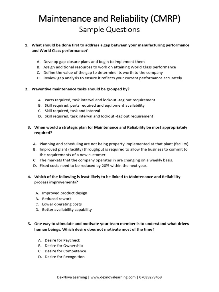 Maintenance and Reliability Sample Questions | PDF | Reliability Engineering | Business