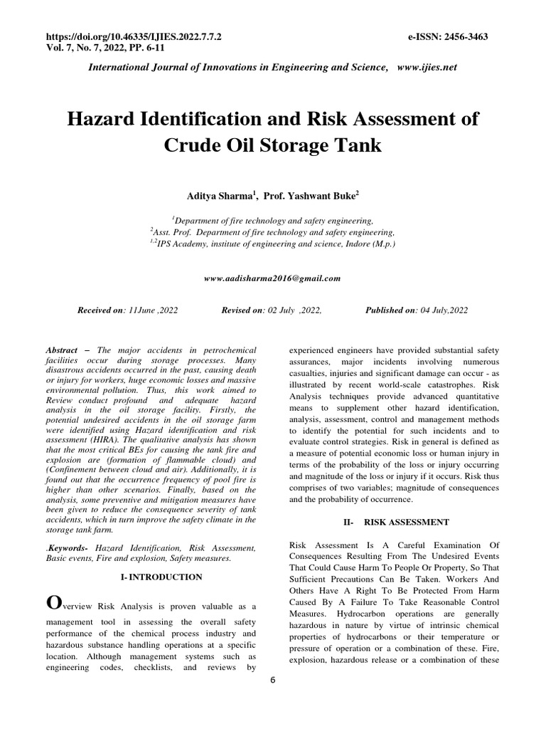 Hazard Identification and Risk Assessment of Crude Oil Storage Tank ...