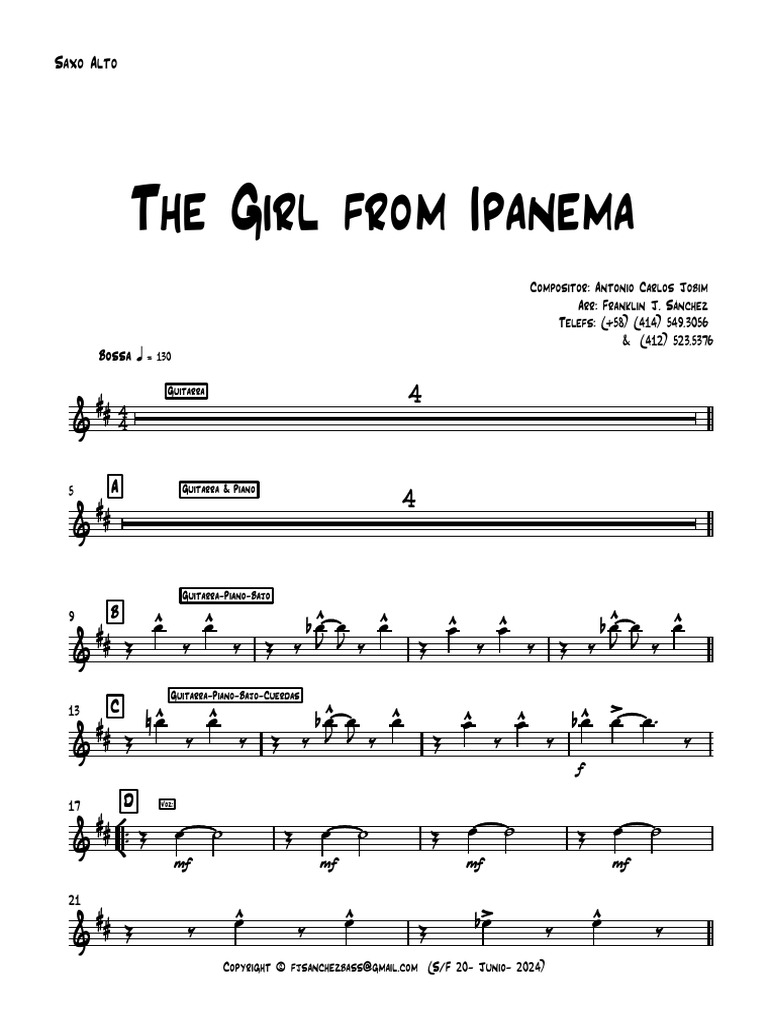 Saxo Alto - The Girl from Ipanema(Yo)(Orq. UNEFM) - | PDF