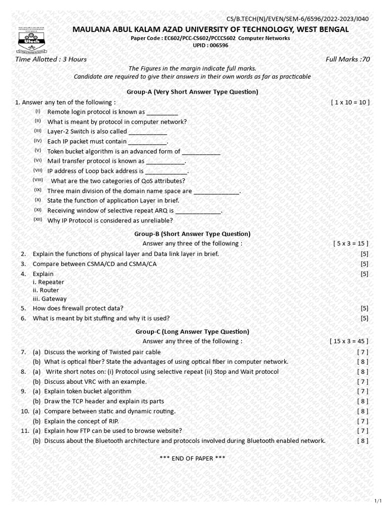 CS602 Computer Networks Question Paper 2024 | PDF | Computer Network | Internet Protocols