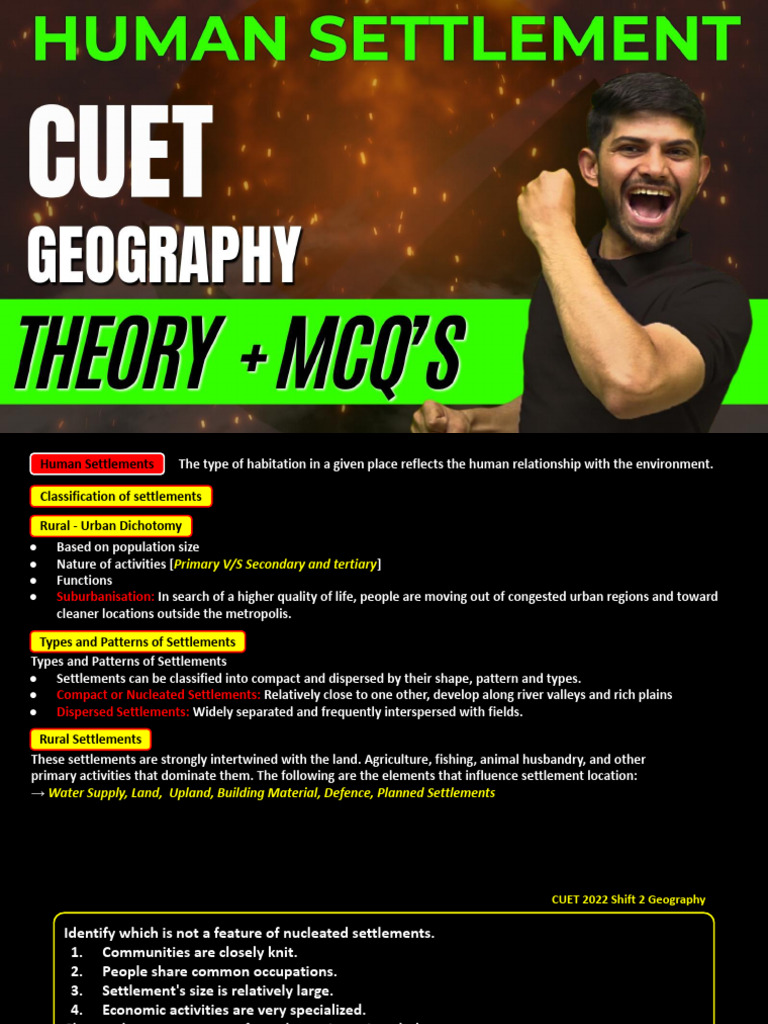 Human Settlements CUET Geography CH 10 - 240722 - 232337 | PDF | Slum | Village