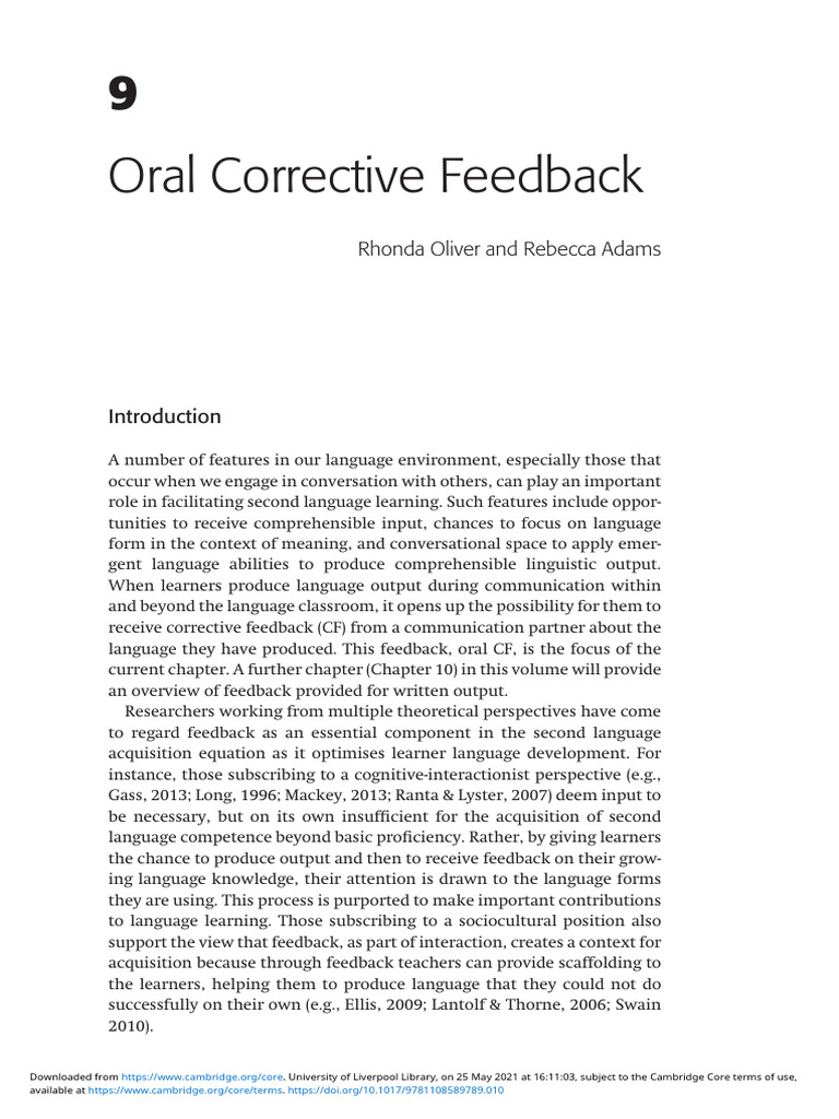 Oliver2021 Oral Corrective Feedback | PDF | Second Language Acquisition ...