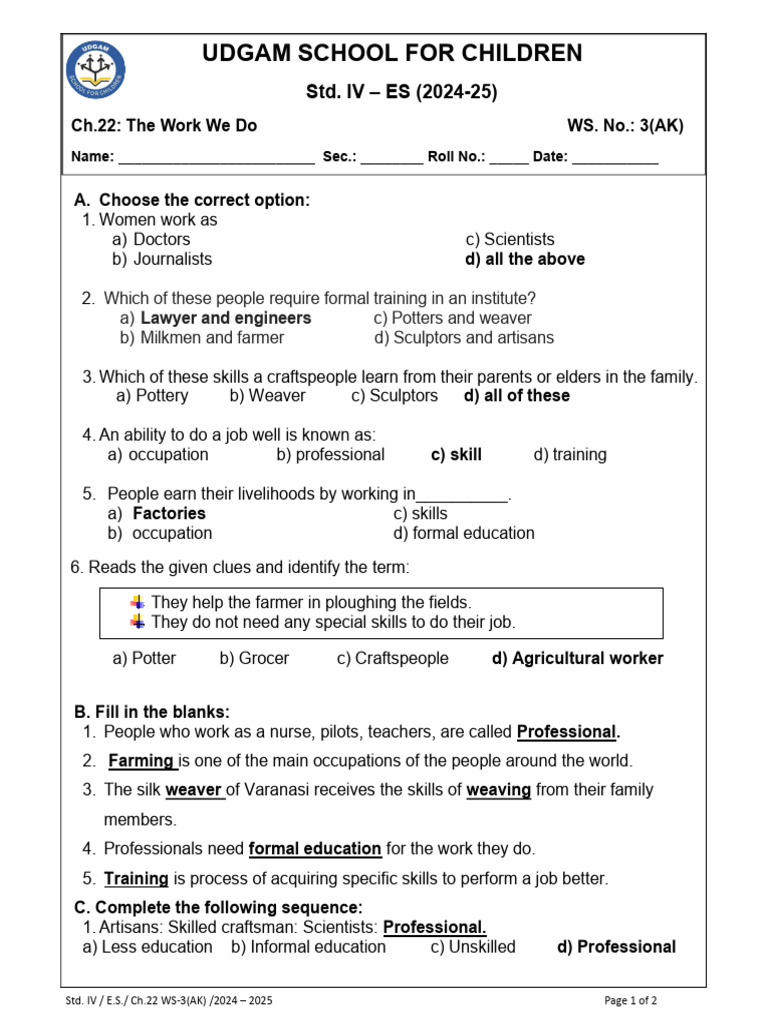 Std IV Chapter 22 Work Worksheet 2024 | PDF | Weaving
