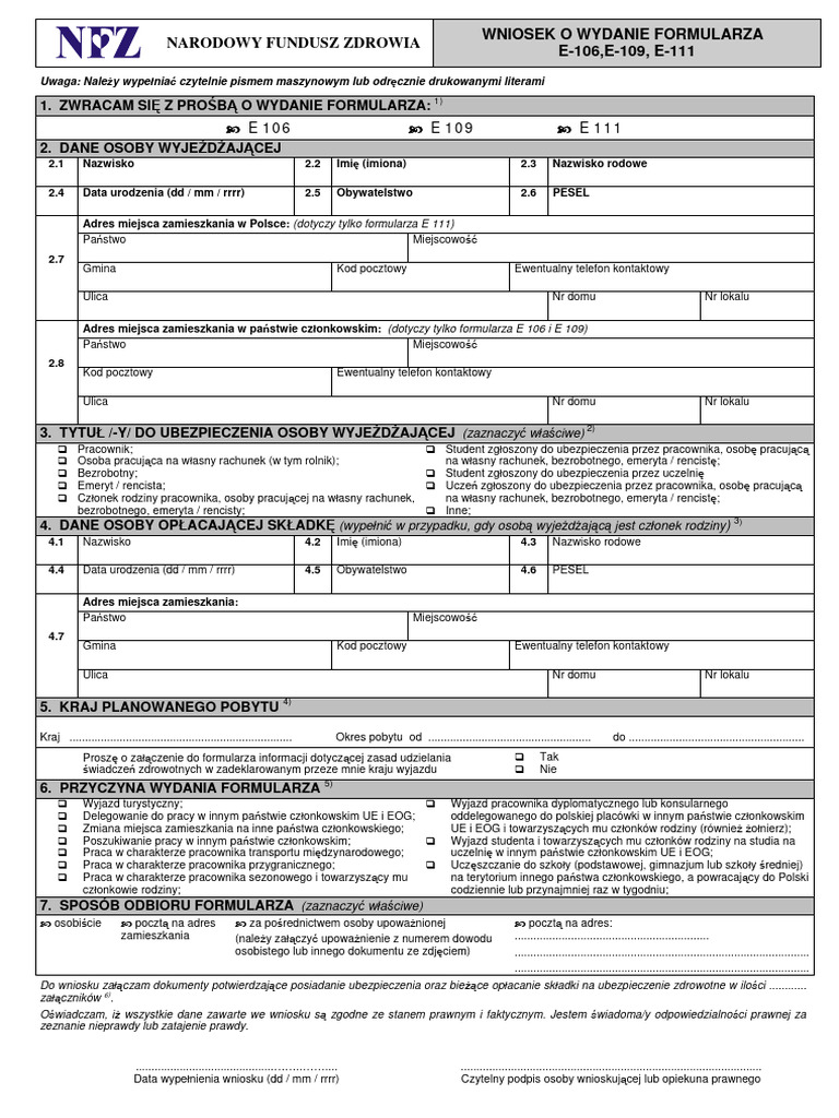 Wniosek Formularz E106 E109 E111 | PDF