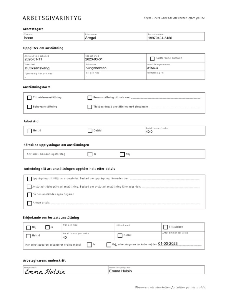 Arbetsgivarintyg | PDF