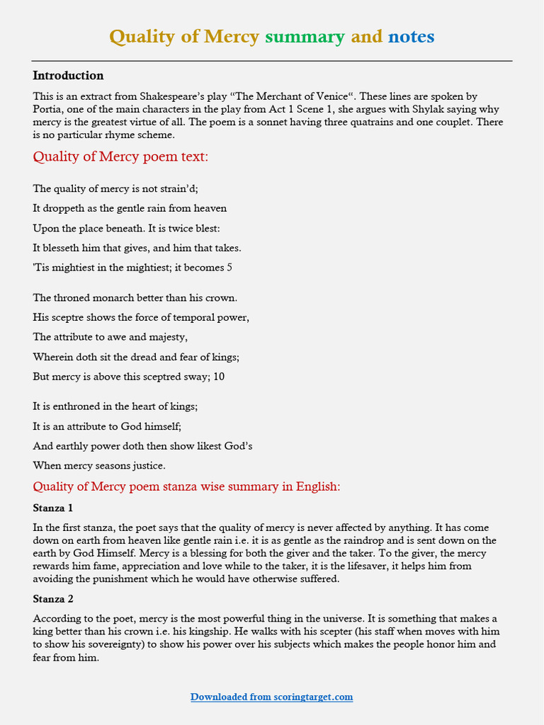 Quality of Mercy Summary and Notes | PDF