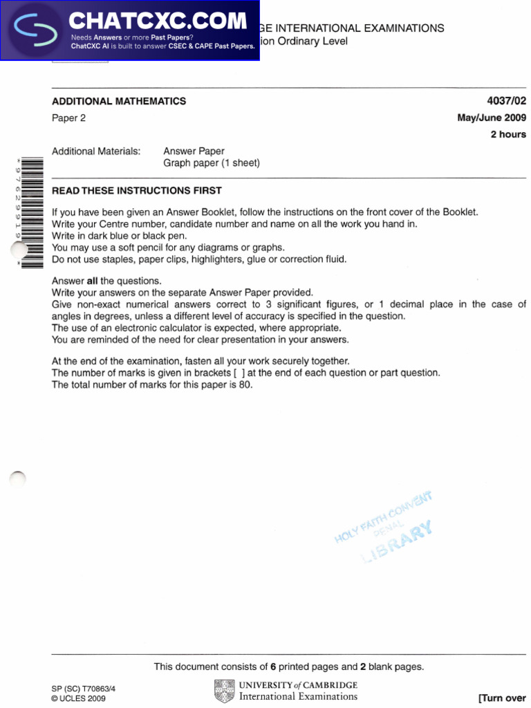 CSEC Additional Mathematics P2 2009 | PDF | Cartesian Coordinate System ...