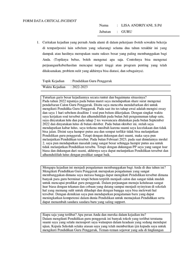 Form Critical Incident - Lisa | PDF