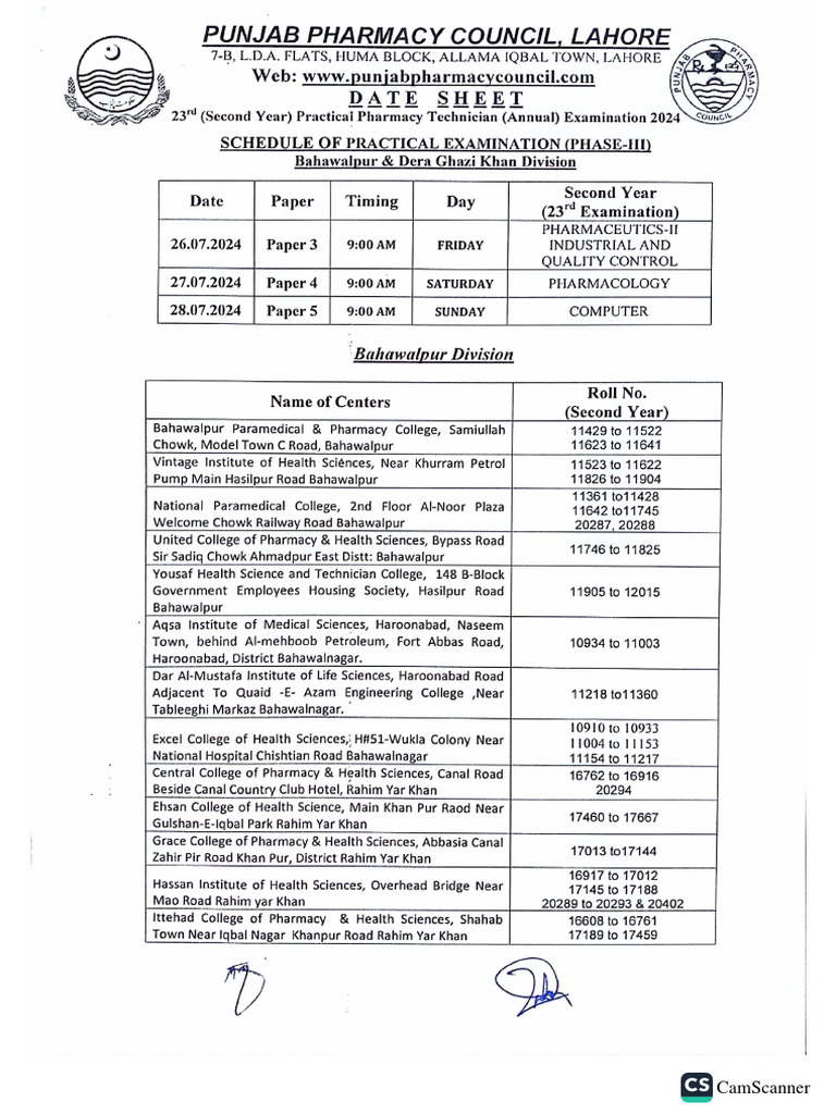 Practical Date Sheet 23rd Pharmacy Technician (Second Year) Examination ...