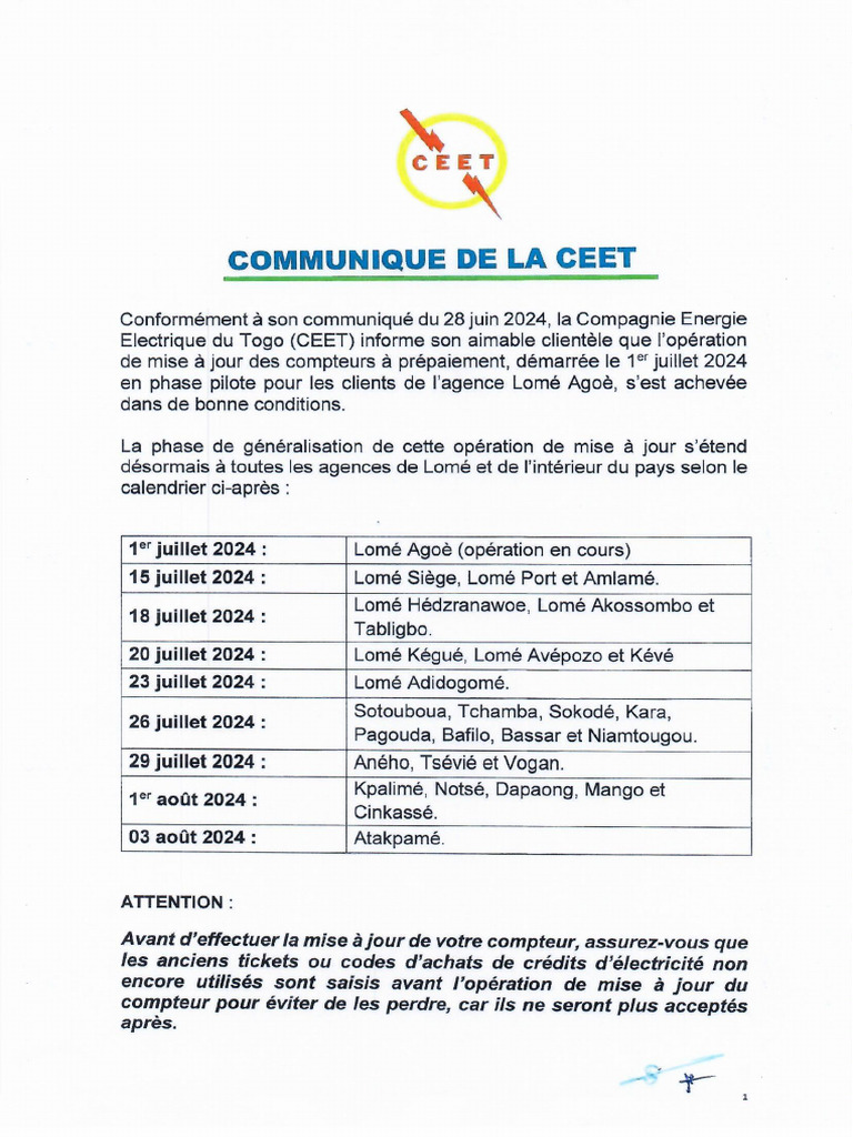 CEET Communique Calendrier Mise A Jour Compteurs Prepayes | PDF