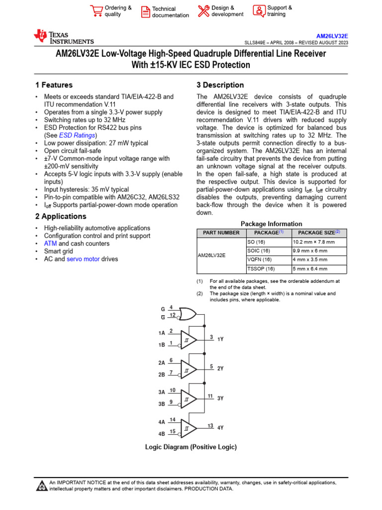 AM26LV32E Low-Voltage High-Speed Quadruple Differential Line Receiver ...
