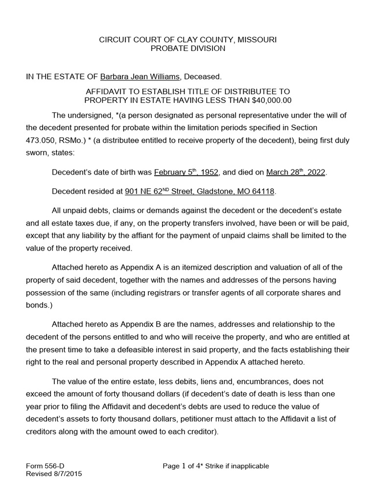 E1Affidavit To Establish Title of Distributee To Property in Estate ...