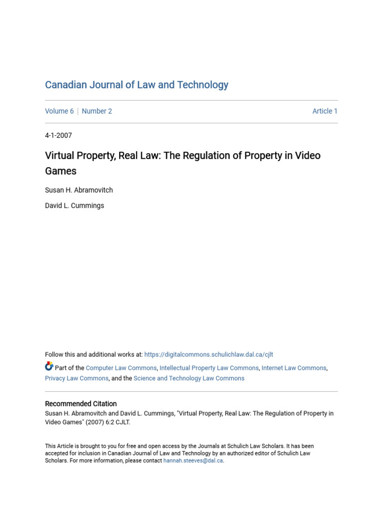 Virtual Property Law in Video Games | PDF | Virtual World | Property