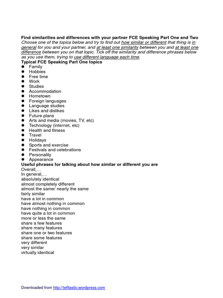 Find Similarities and Differences With Your Partner Fce Speaking Parts ...