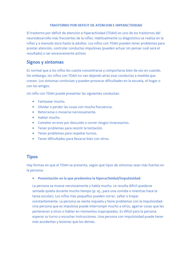 TRASTORNO POR DEFICIT DE ATENCION E HIPERACTIVIDAD | PDF | Desorden hiperactivo y deficit de ...