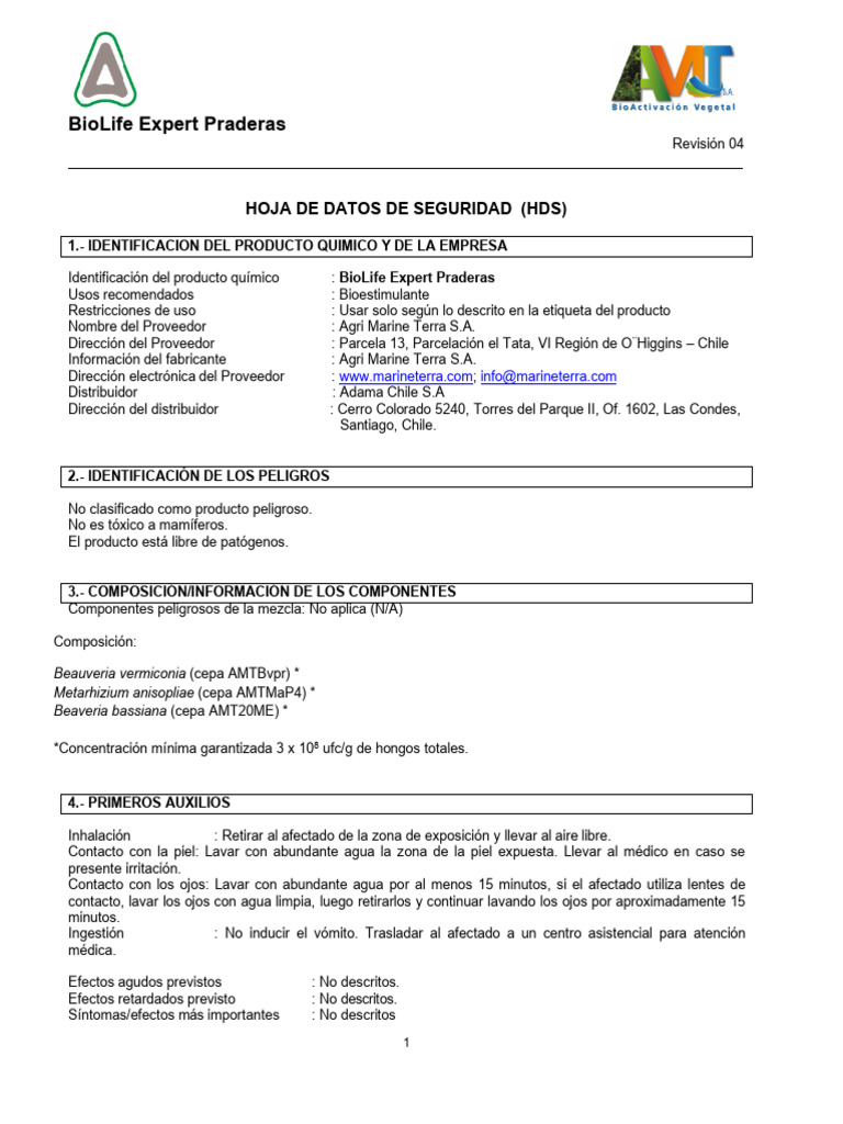HOJA DE SEGURIDAD BIOLIFE - EXPERT - Praderas | PDF | Agua | Toxicidad
