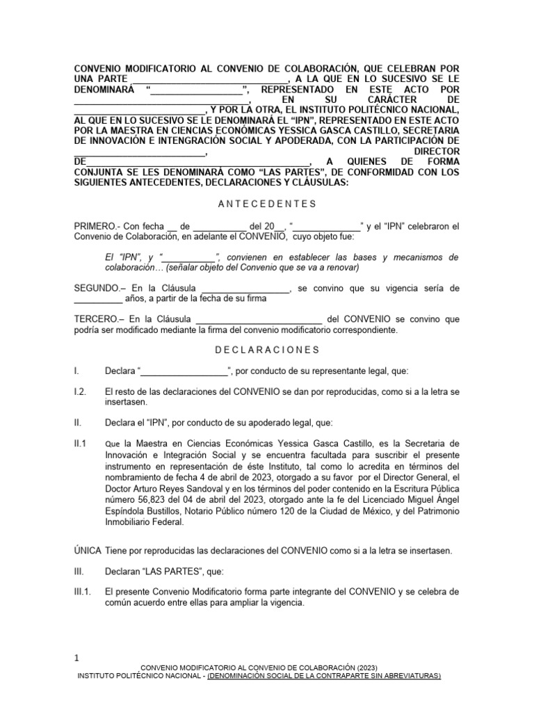 FORMATO - CONVENIO MODIFICATORIO-CONVENIO COLABORACION - 2023-DRI | PDF