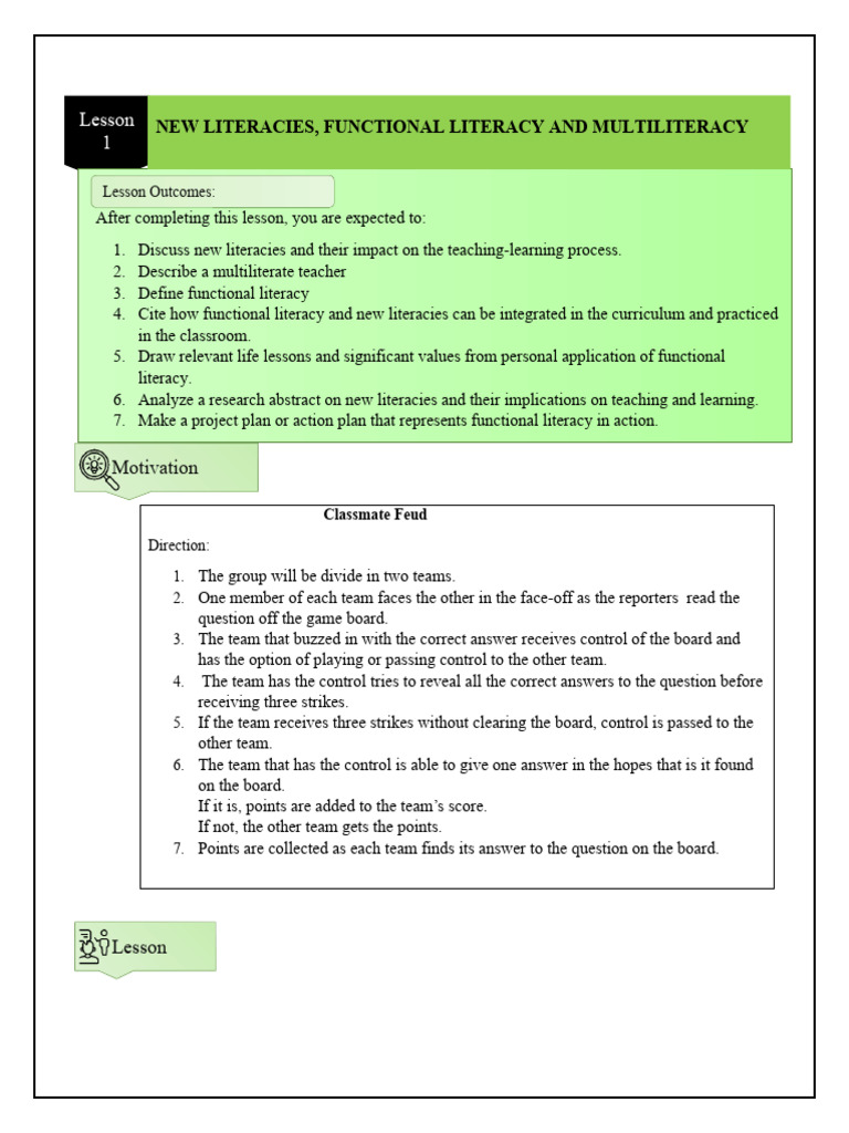 Lesson 1: New Literacies, Functional Literacy and Multiliteracy | PDF ...